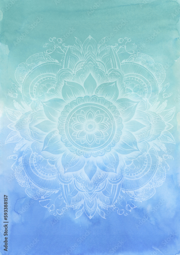 Abstract blue green watercolor background with mandala. Watercolor ...