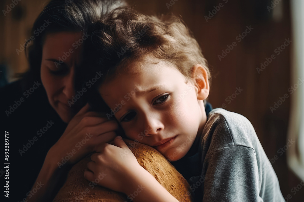Sad little child, boy, hugging his mother at home. Mother protecting ...