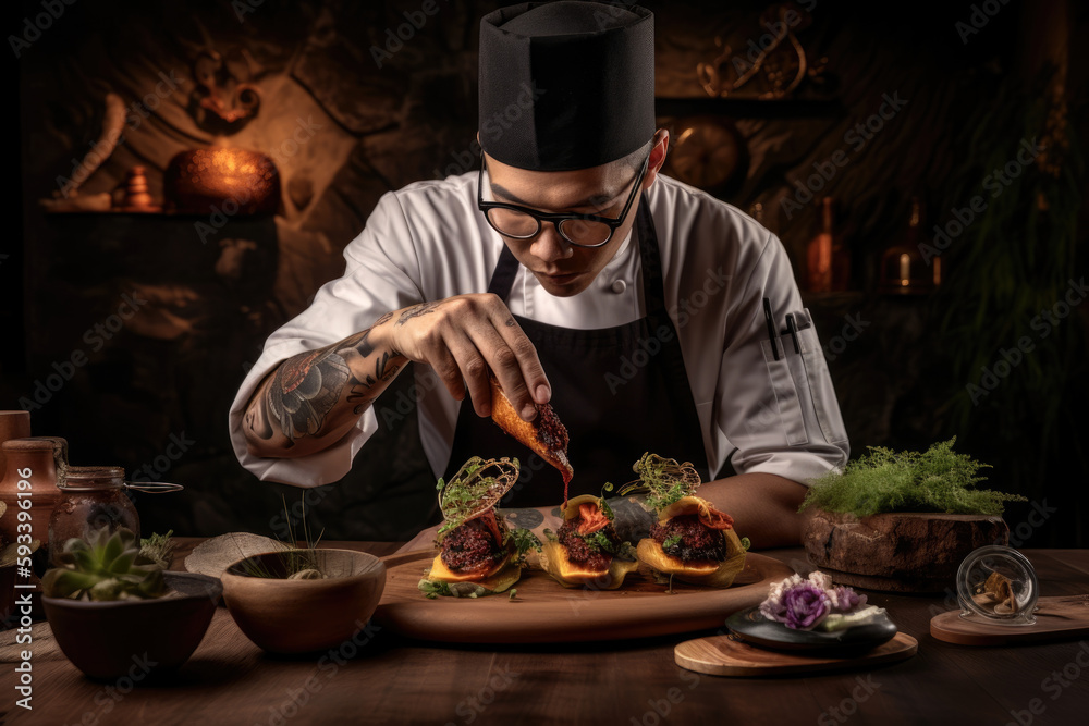 creative and innovative chef working on a unique and daring fusion menu ...