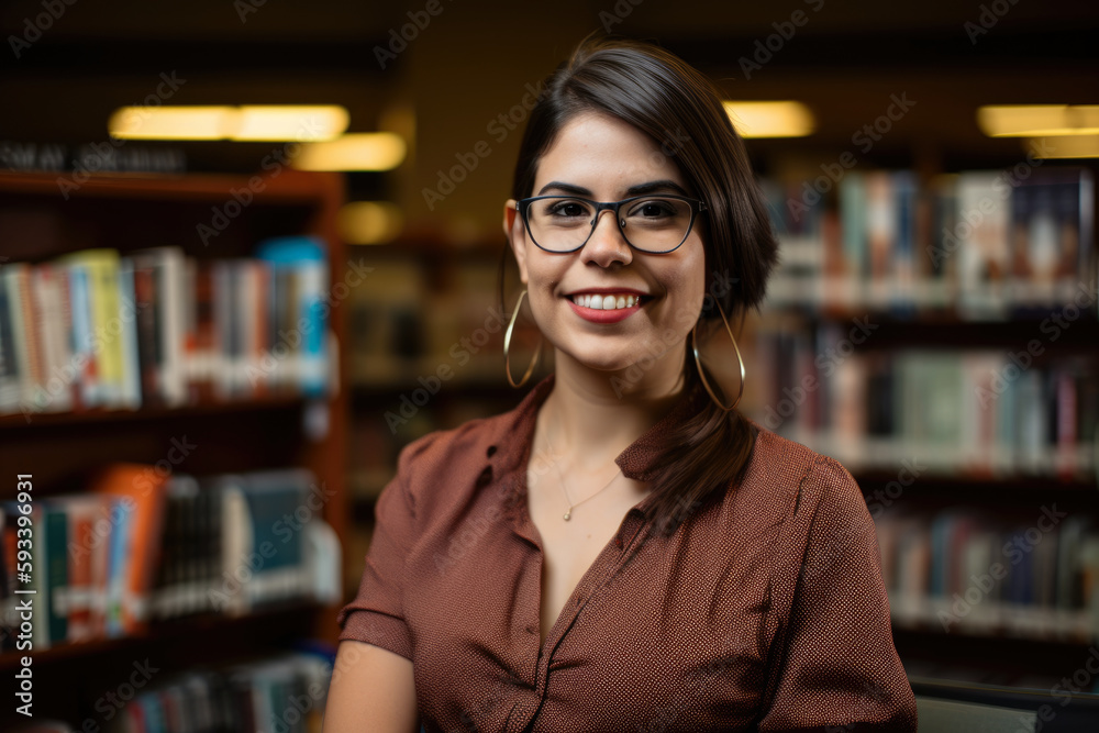 gorgeous librarian with a friendly smile, standing next to a cart full of books with bookshelves ...