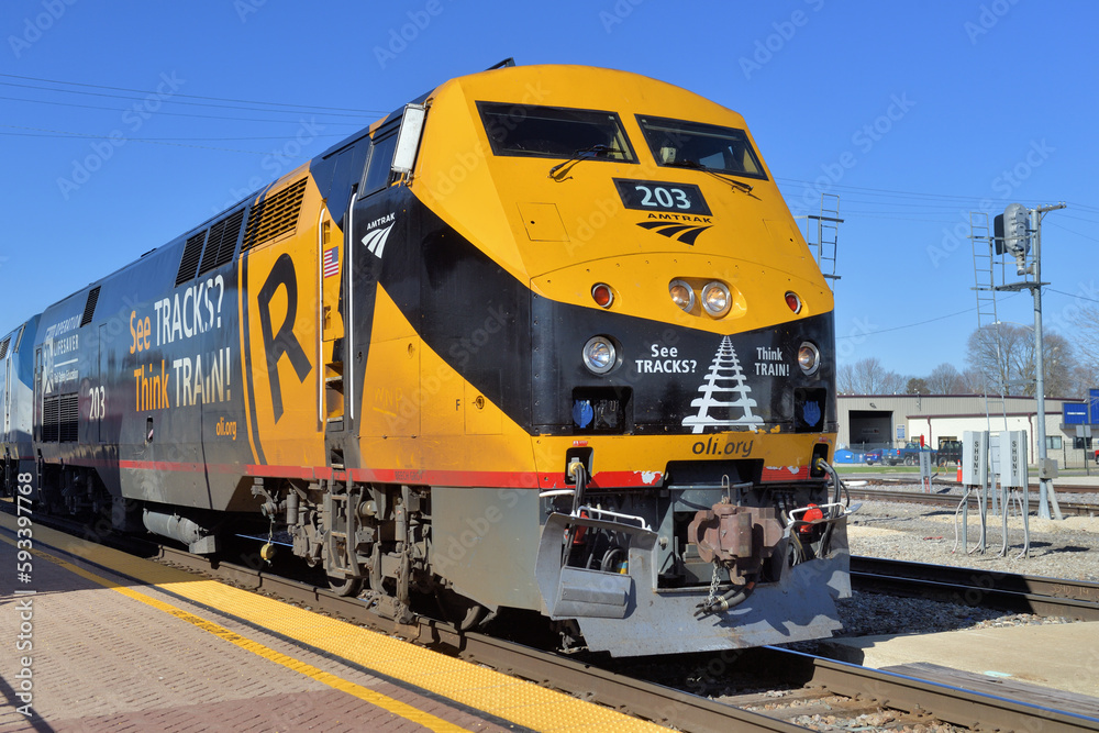 Amtrak's Southwest Chief arriving at the depot of an Illinois community early on its long ...