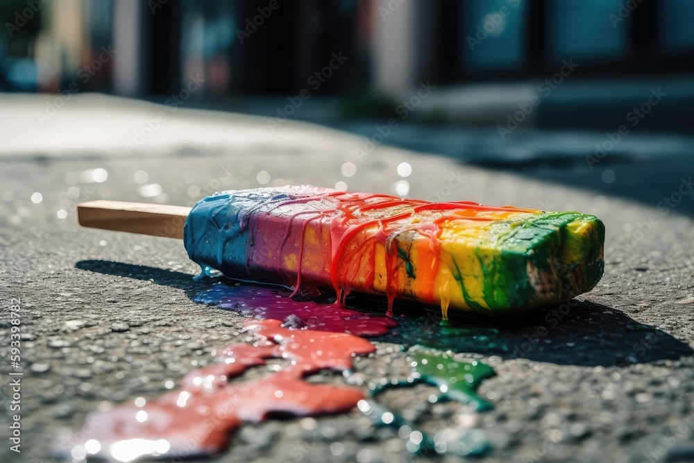 A close-up shot of a rainbow-colored popsicle melting on the sidewalk ...