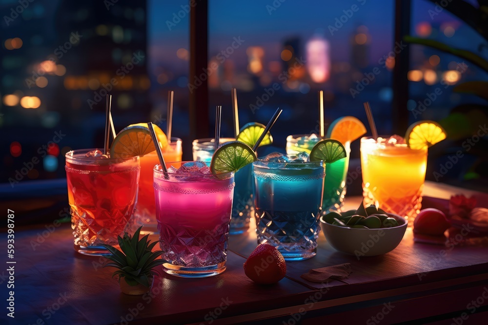 Colorful cocktails with tropical fruits and umbrellas, presented on a ...