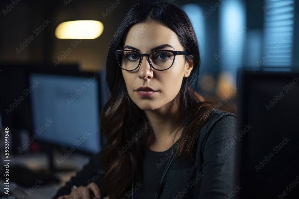 stunning portrait of a female web designer, with a look of focused ...