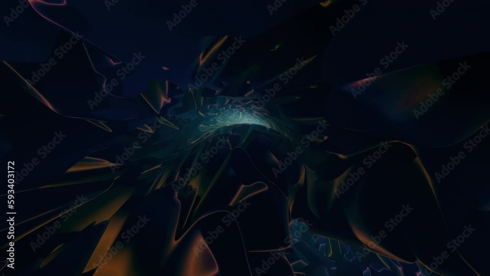 3D render of flying camera through deep long tunnel with displaced and ...