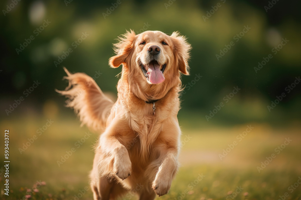 Playful Companion. Energetic Golden Retriever wagging its tail in nature background with space ...