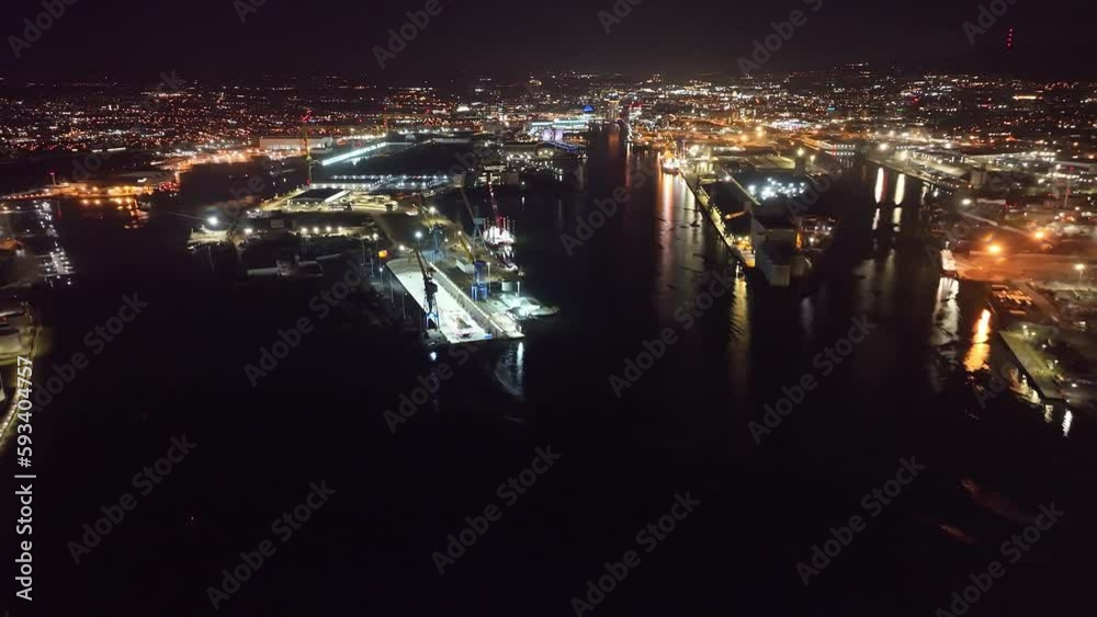 Nightscape Aerial view of Ships Cranes Containers at Belfast Dockyard ...