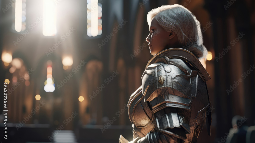 Female knight praying in a cathedral, medieval, background, AI ...