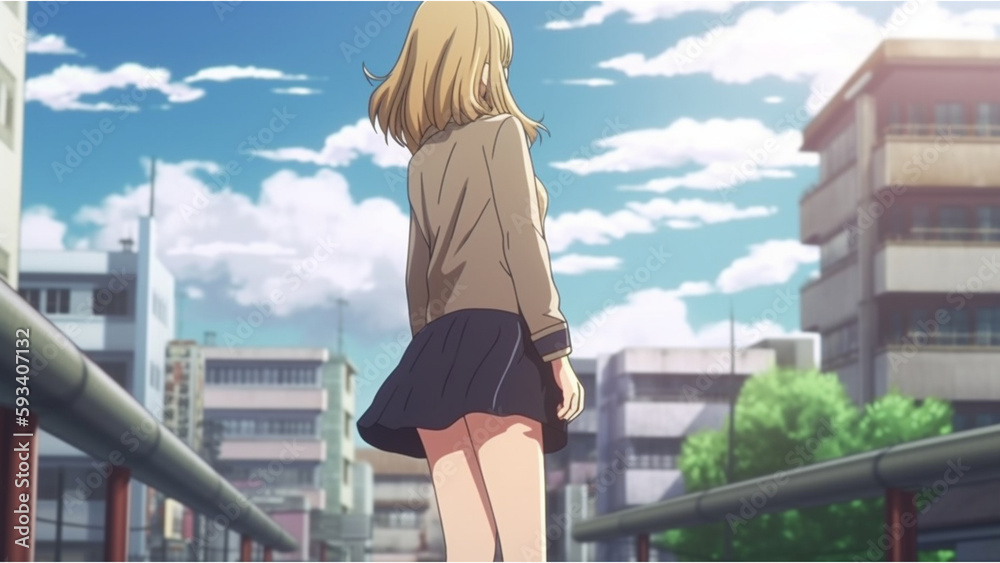 Sexy mini skirt anime girl looking at a plate outside Stock ...