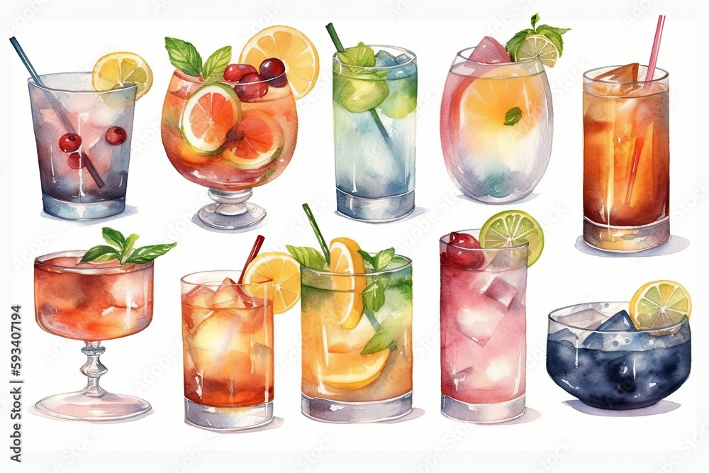 Watercolor illustration of drinks and cocktails collection on white ...