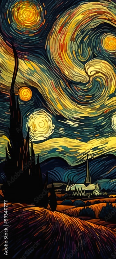 dynamic energetic view plains bold starry night church distance highly ...