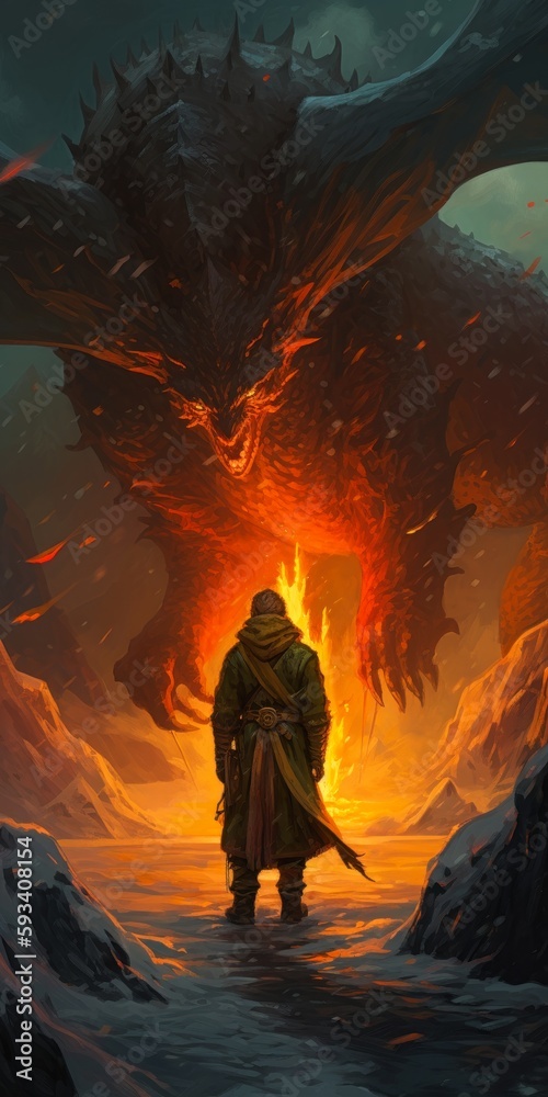 man standing front fire giant dragon magma lava hooded cloak love ...