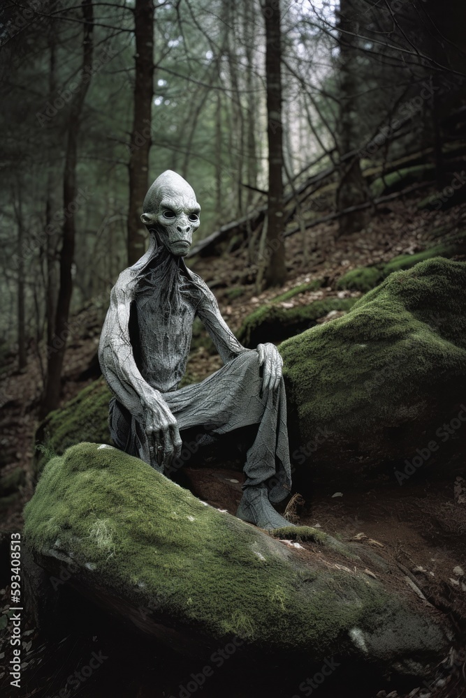 professional humanoid statue alien sitting rock woods city emaciated ...