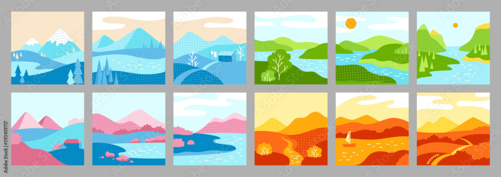 Nature field landscape scenery four seasons set. Abstract nature ...