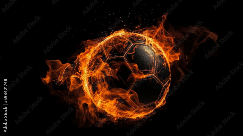 Futuristic soccer ball, The ball soars with a magical orange flame ...