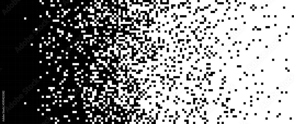 Pixelated halftone gradient background. Fading pixel texture. Dissolving black and white ...