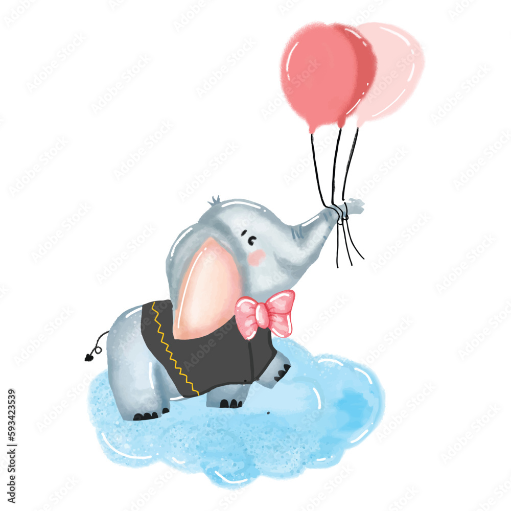 adorable watercolour elephant giving balloon in the sky isolated on ...