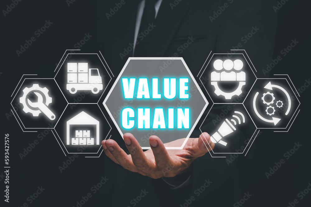 Value chain concept, Businessman hand holding value chain icon on virtual screen. Stock Photo ...