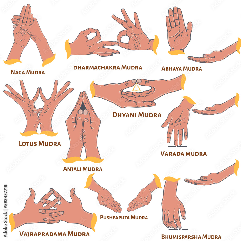 Spiritual Mudras set of 10 vector Stock Vector | Adobe Stock