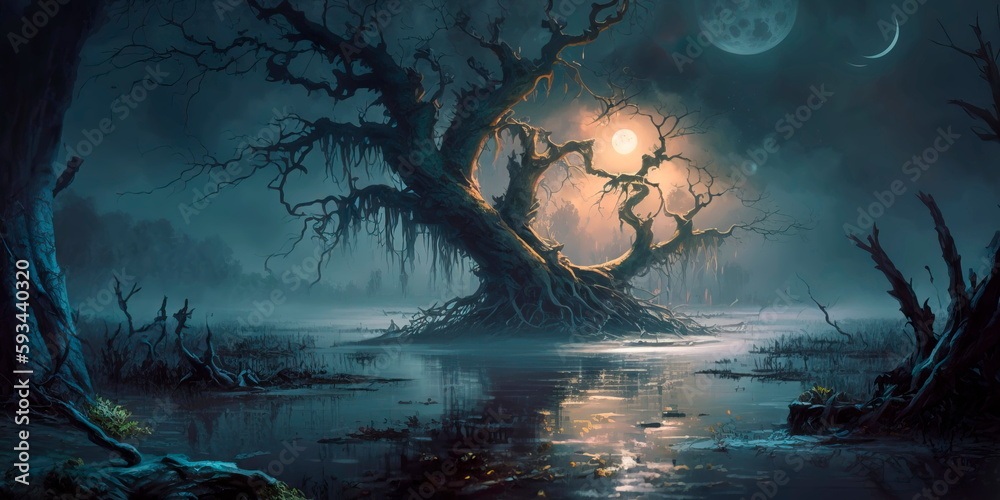 cursed swamp with twisted trees and murky waters, with ghostly ...