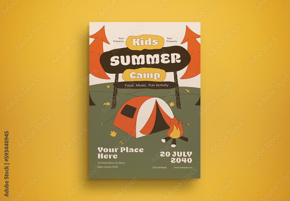 Cream Flat Design Kids Summer Camp Flyer Layout Stock Template | Adobe ...