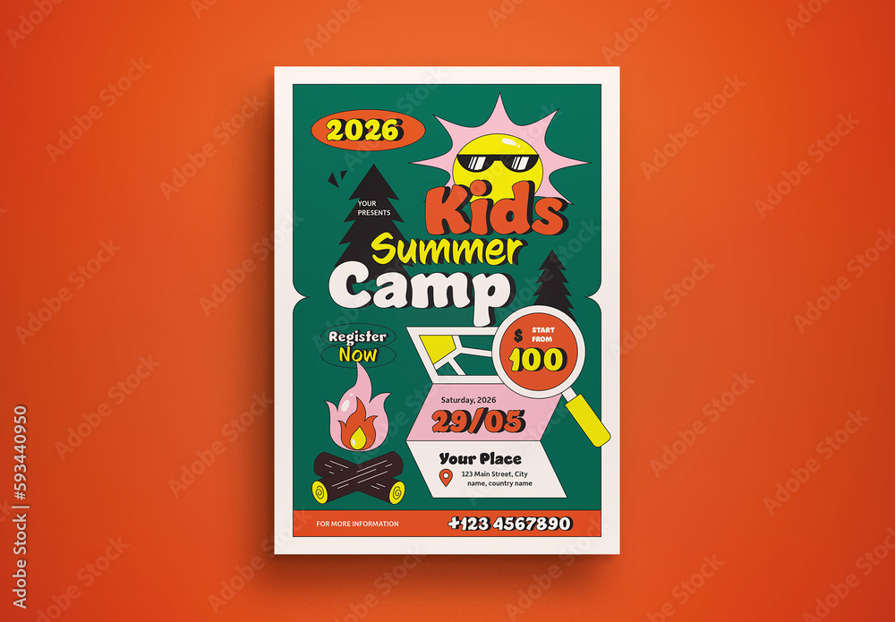 Green Retro Flat Design Kids Summer Camp Flyer Layout Stock Template ...