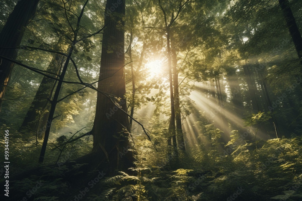 A dense forest of tall trees, with a natural canopy overhead, dappled ...