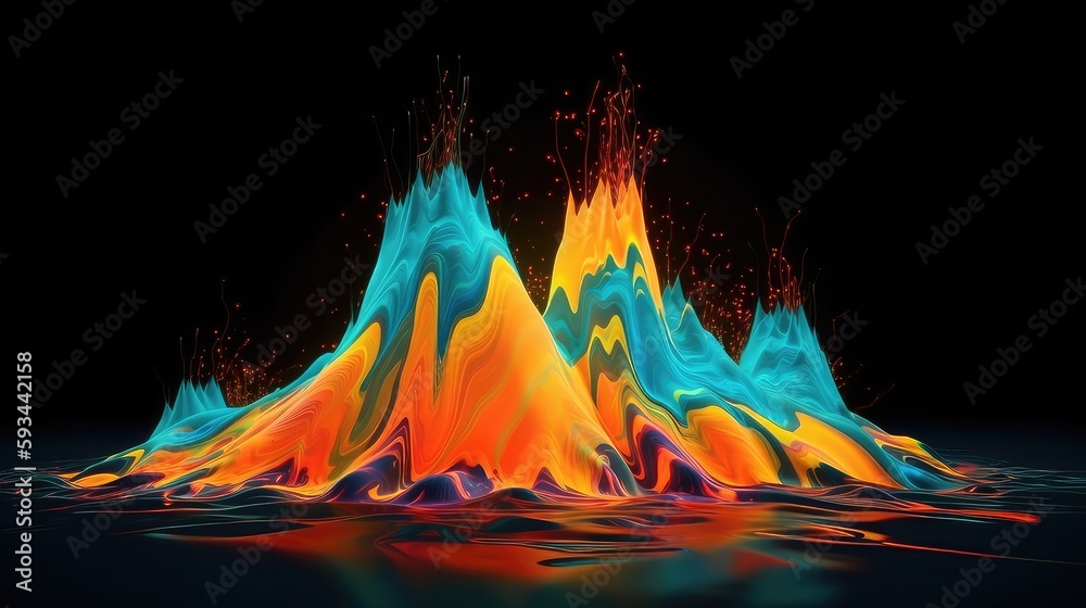 neon volcanic lava with fire and smoke on the water, glowing effect for ...