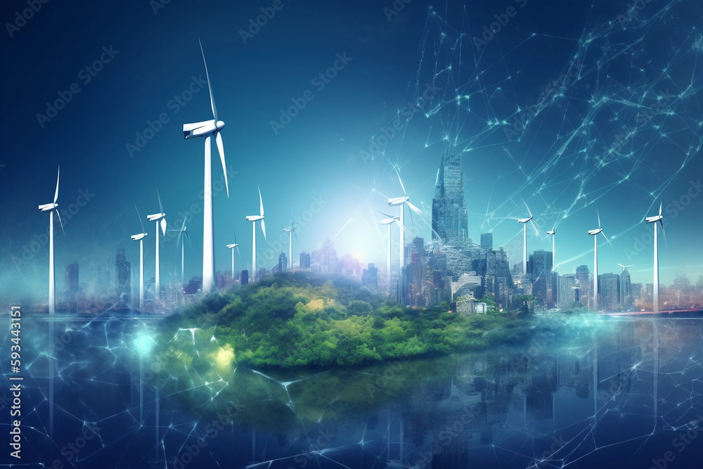 An image of renewable energy sources, with as solar panels, wind ...