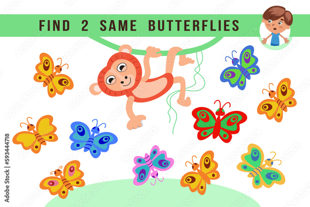 Find two same butterflies. Games for kids. Puzzle game with hidden ...