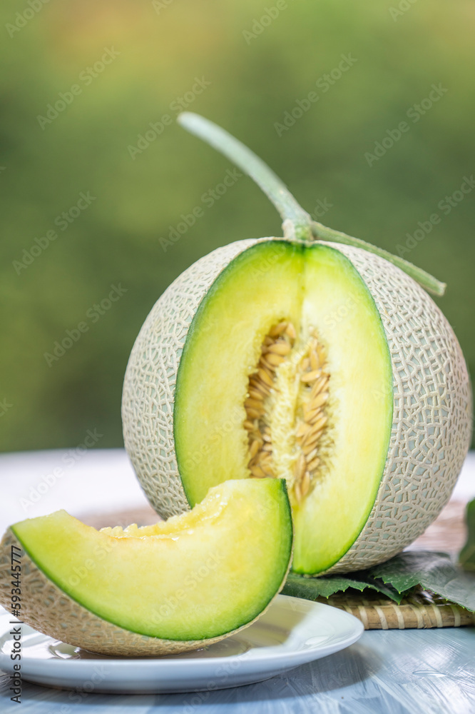 Crown Musk Melon on nature background, Shizuoka Crown Melon Yama Grade ...