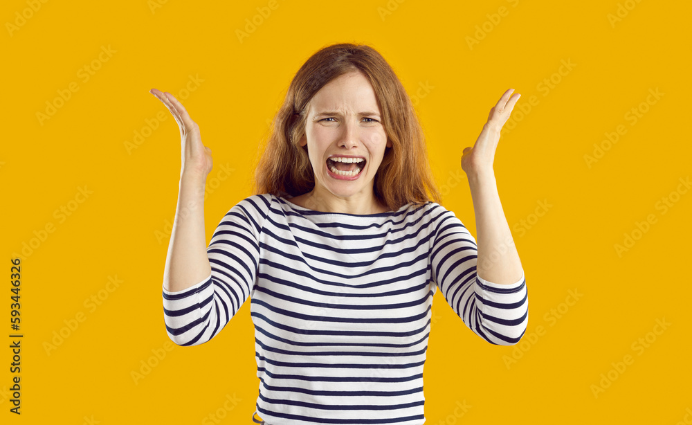 Screaming, hate, rage. Portrait of crying emotional young woman who is ...