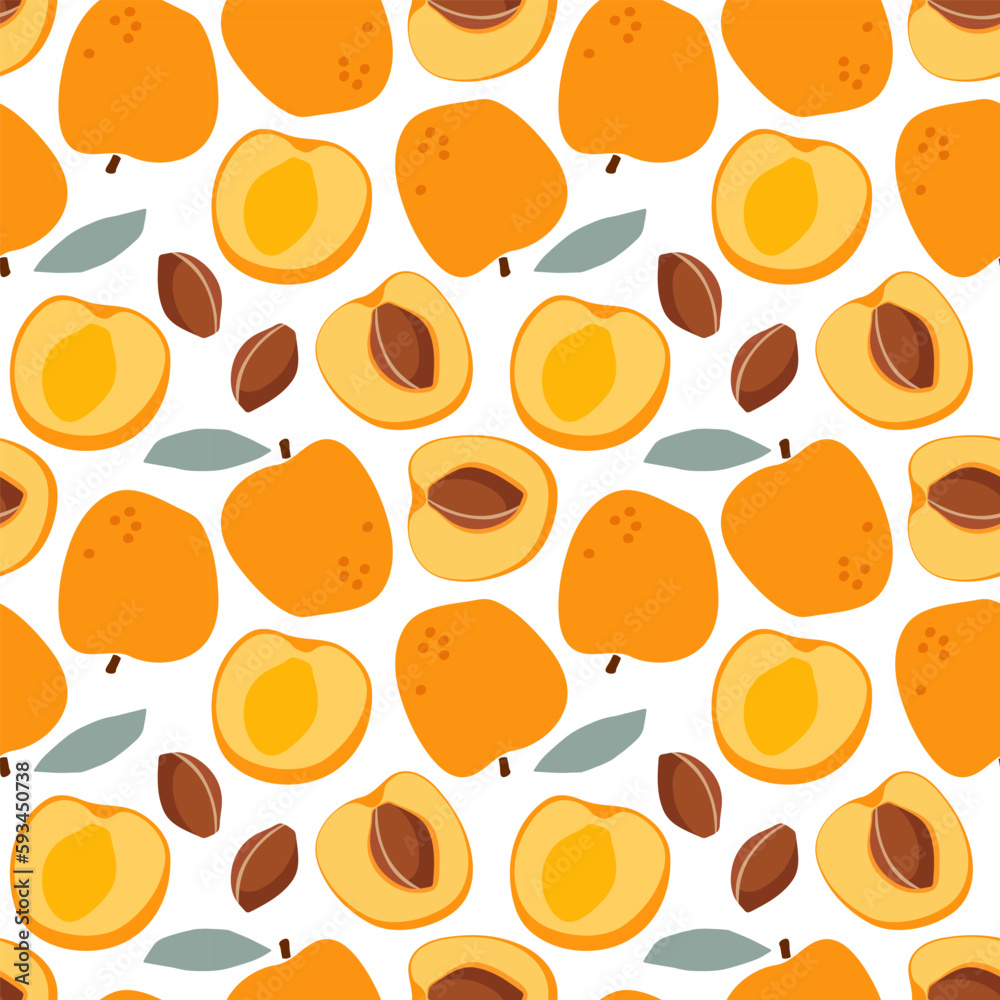 Seamless Apricot pattern, hand drawn doodle. Fruit with green leaf ...