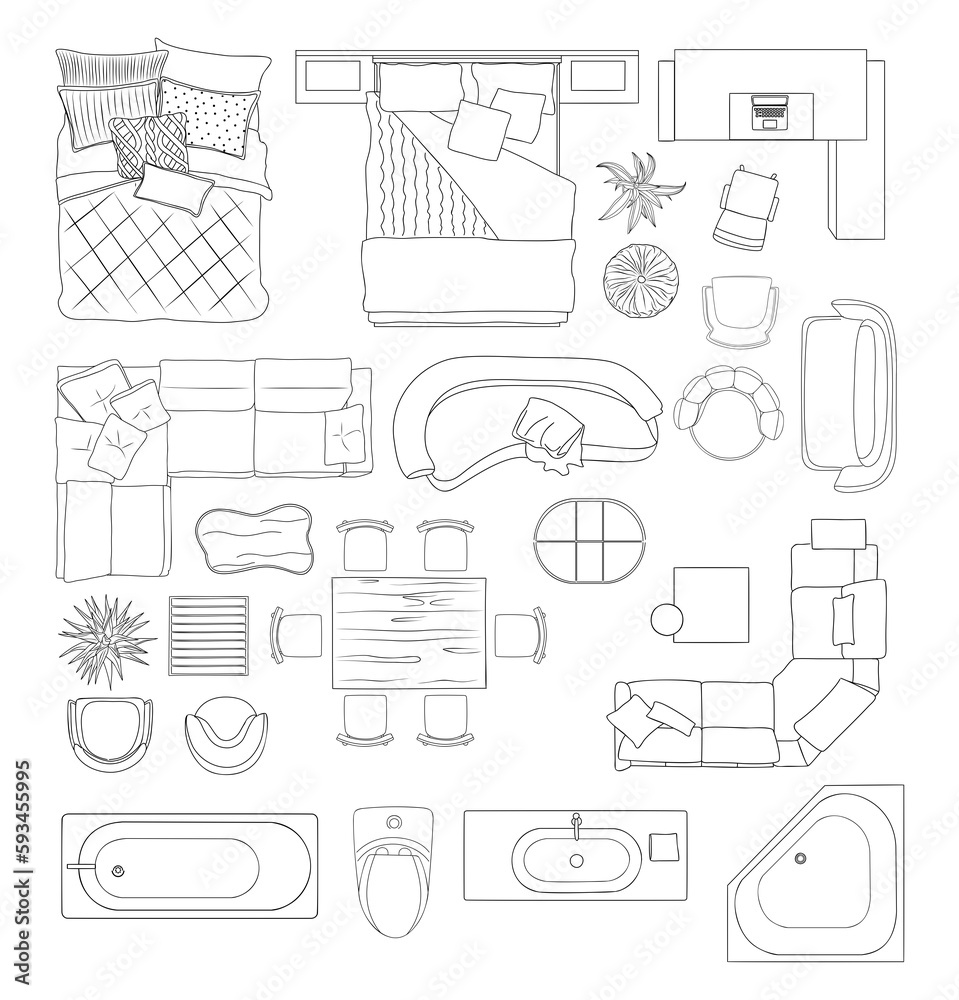 Furniture outline Top view. Set of line art elements for interior ...