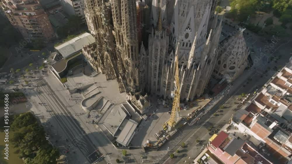 Drone view of Sagrada Familia basilica in Barcelona. Eixample district. Cathedral designed by ...