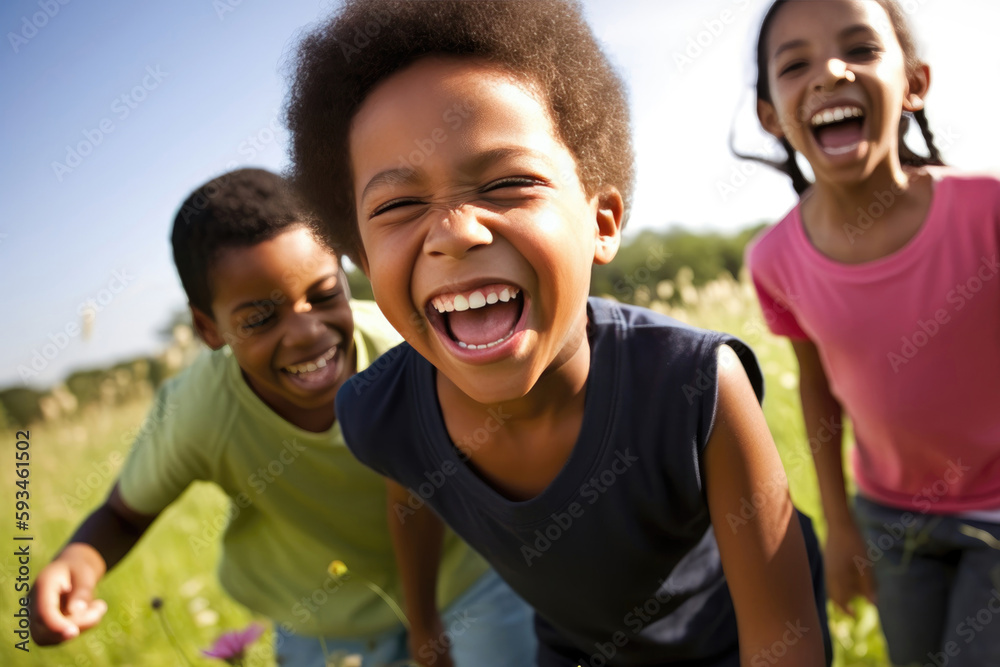 Children having fun in nature, happy kids playing together, diverse ...