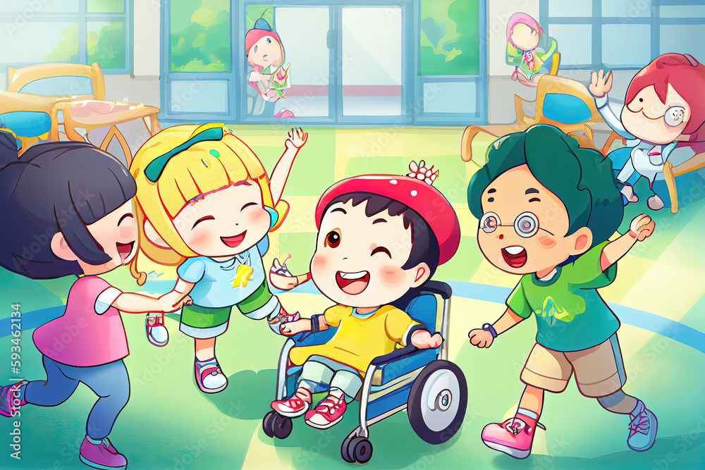 Happy children playing with boy in wheelchair in kindergarten ...
