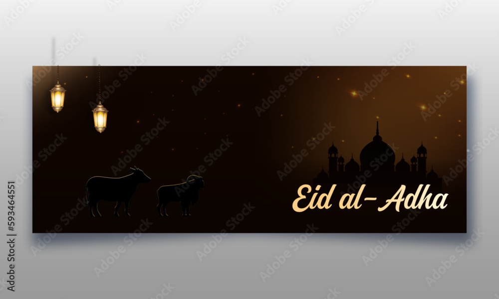 Eid Al Adha Islamic religious header with silhouette of mosque and ...