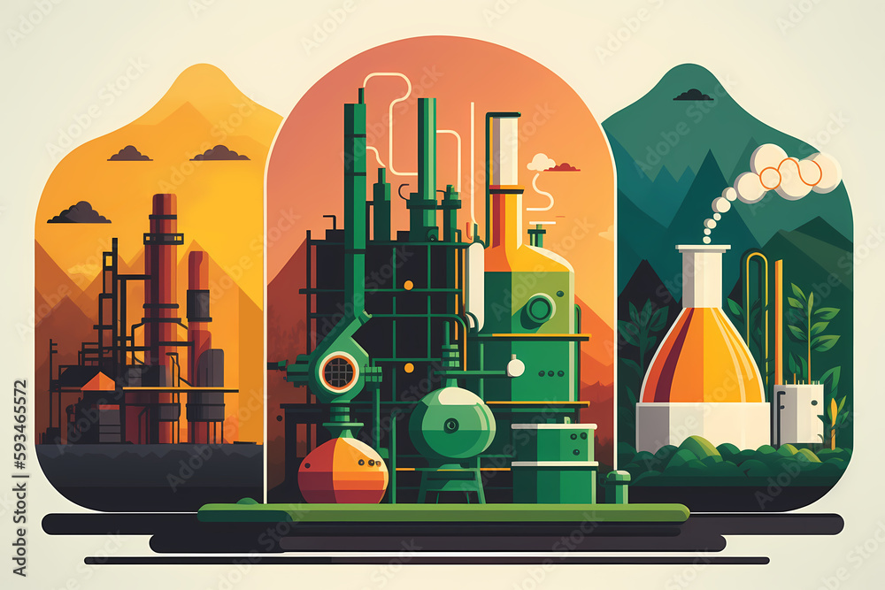 Chemical industry. Poster depicting a chemical plant created with ...
