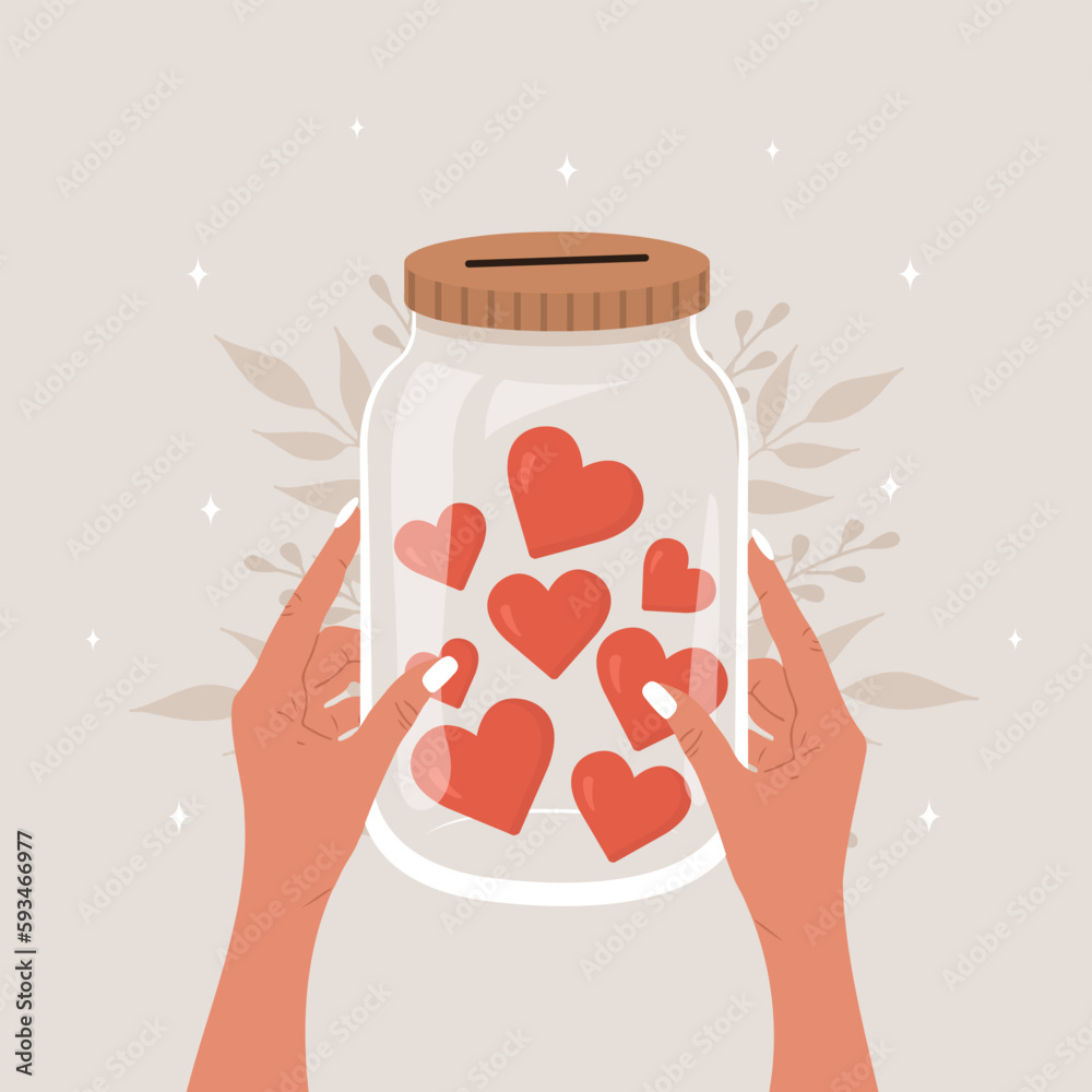 Donation glass jar. Female hands holding bottle with red hearts. Give ...