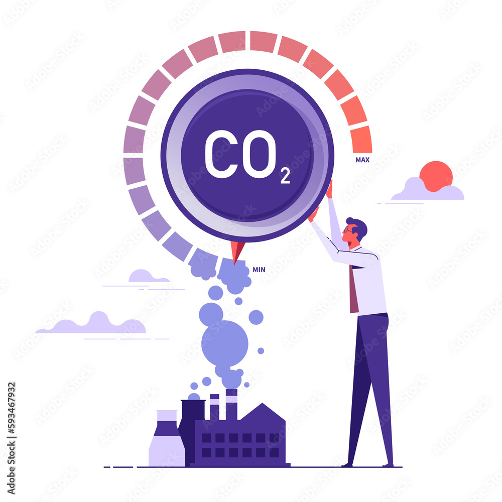 Carbon dioxide emissions control concept. Reduce CO2 level. businessman turning a carbon dioxide ...