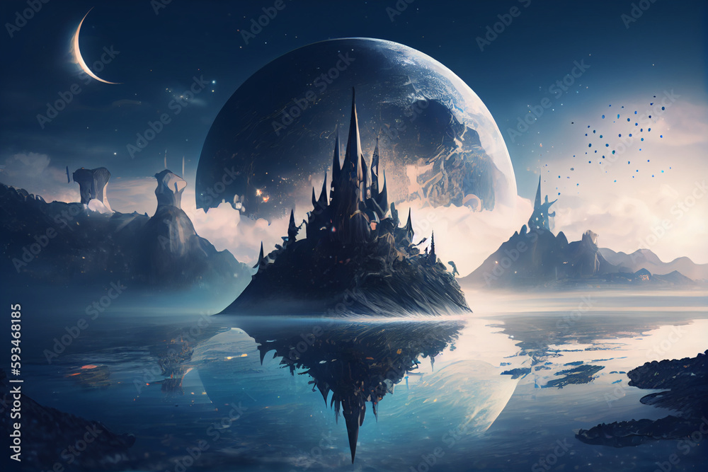 Fictional magical world with a gothic castle on the background of the ...