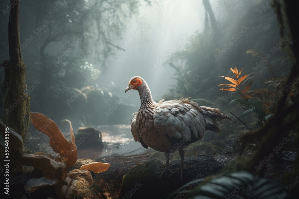 A brown and white dodo bird emerges from the jungle mists. Dodos are an ...