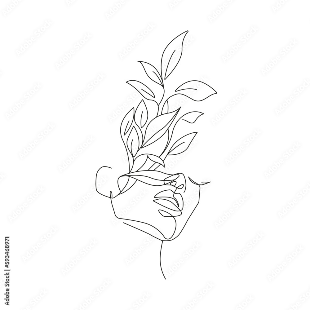 Woman Face with Leaves Line Art Drawing. Woman Face Continuous Linear ...