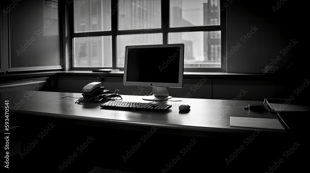 empty desk with computer screen turned off. Generative AI Stock ...