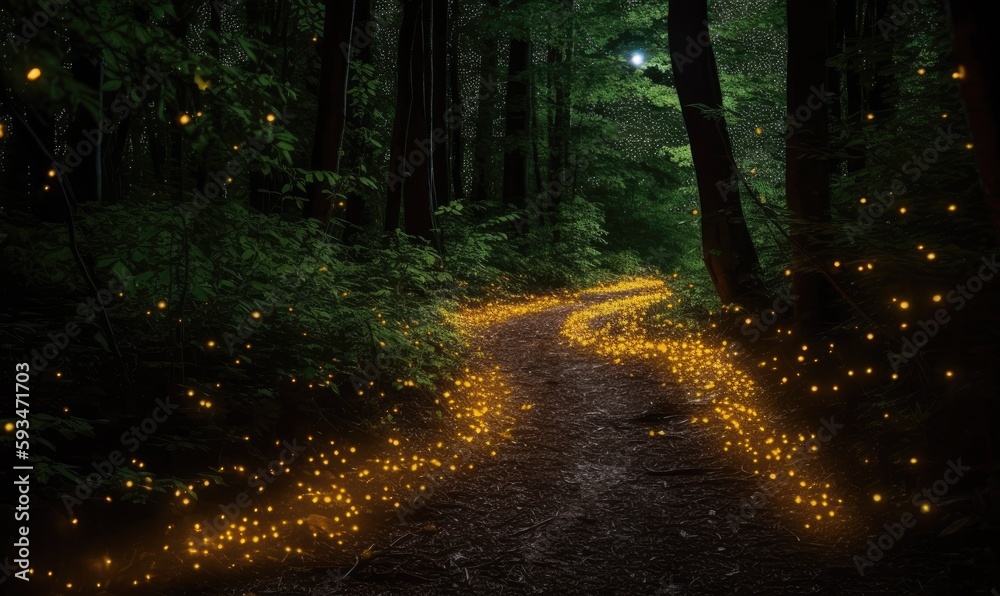 Magical forest path illuminated by glowing fireflies Creating using generative AI tools Stock ...