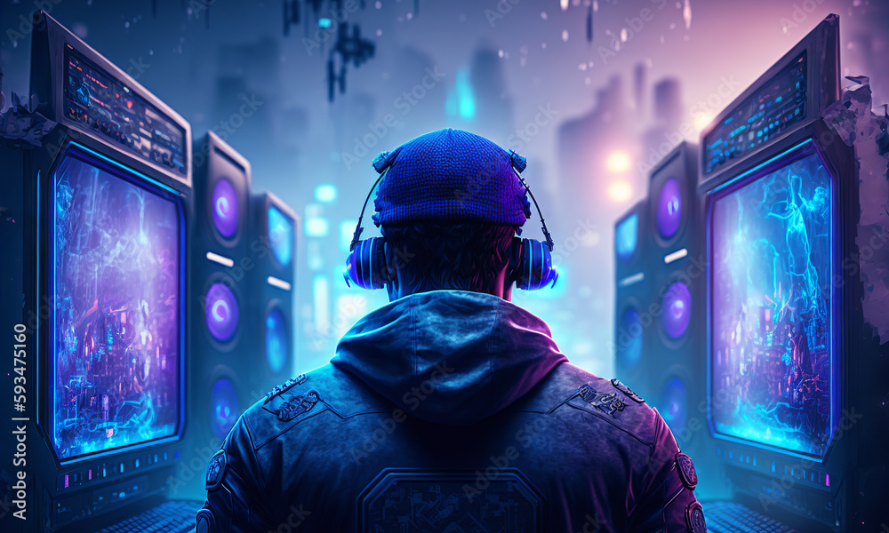 Gamer playing video games in a futuristic interior. Back view of a man ...