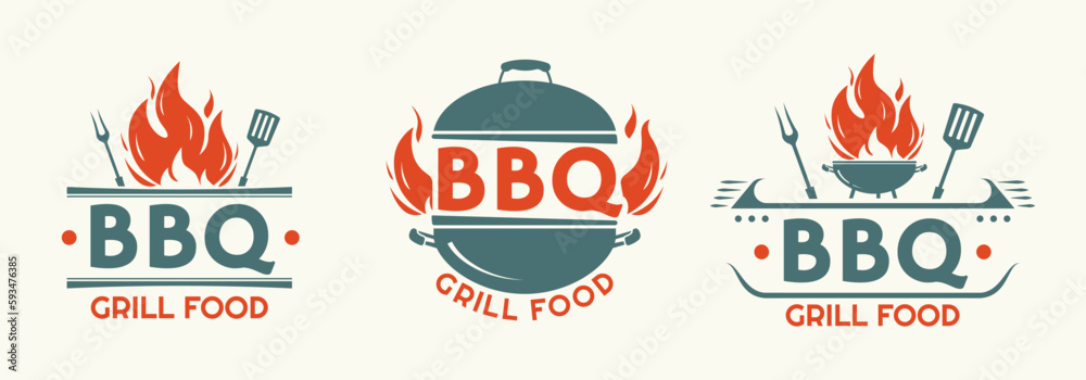 BBQ logo set. Grill food, barbecue icons. Meat restaurant label design ...