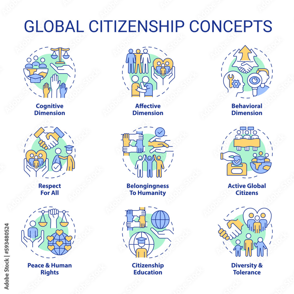 Global citizenship concept icons set. Inclusive society. Sustainable ...