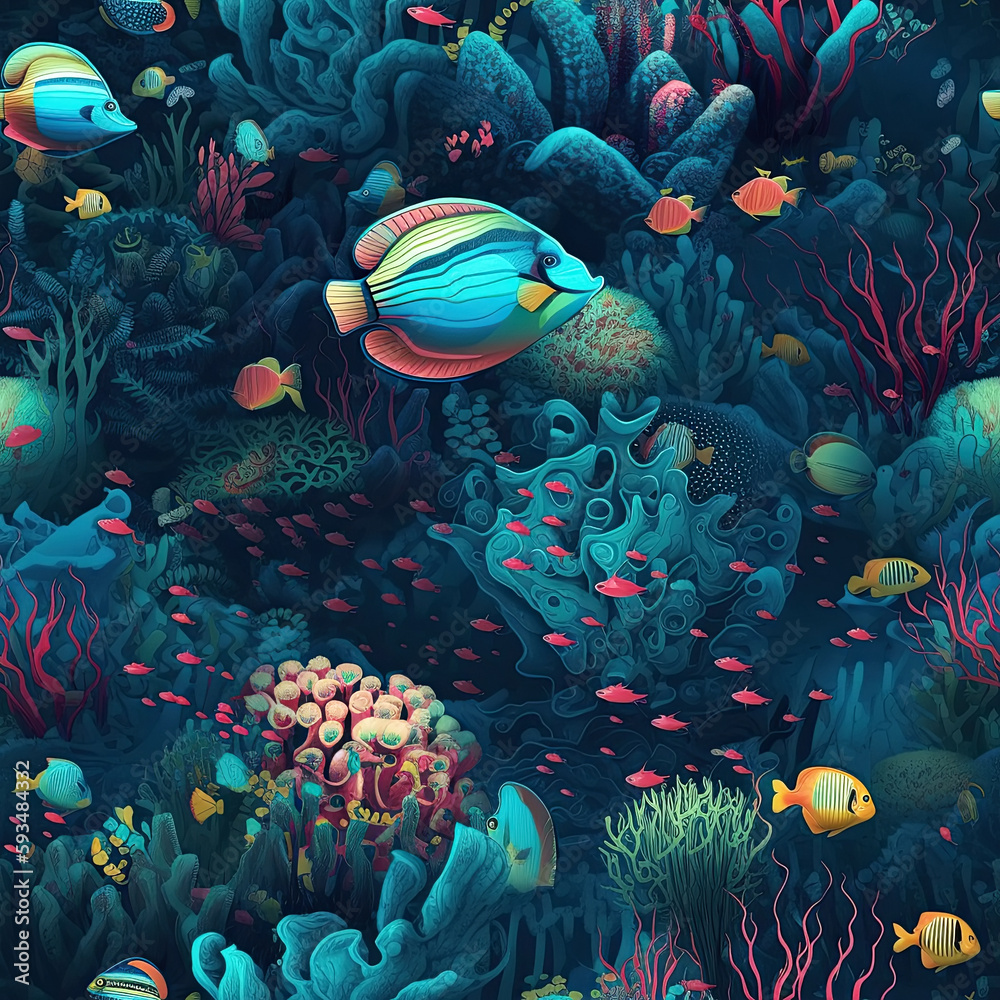 seamless pattern with sea fish and corals underwater in sea. Generative ...